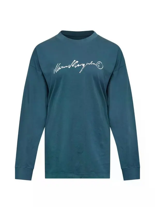 MAISON MARGIELA Long-sleeve Overdyed Handwritten-print T-shirt - Blue