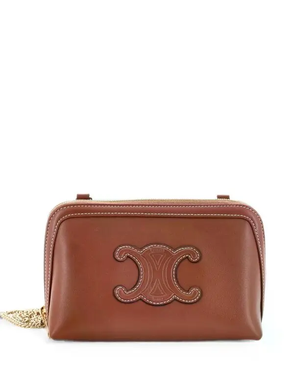 Celine Cuir Triomphe Zip Around Chain Clutch Leather Crossbody Bag - Brown