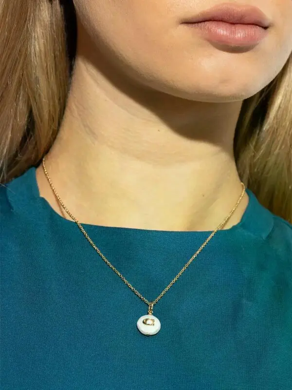 COACH Logo Plaque Pearl Pendant Necklace