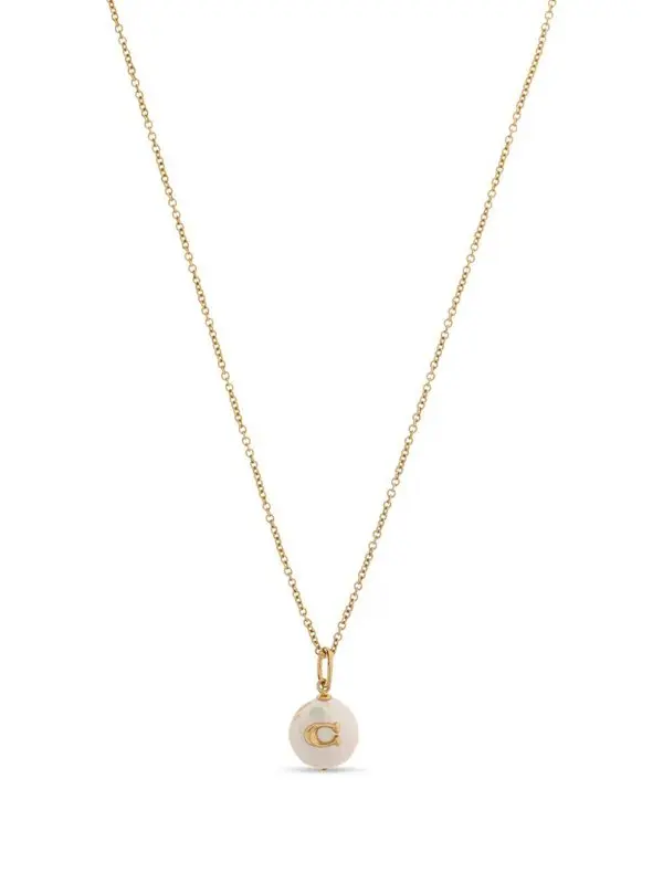 COACH Logo Plaque Pearl Pendant Necklace