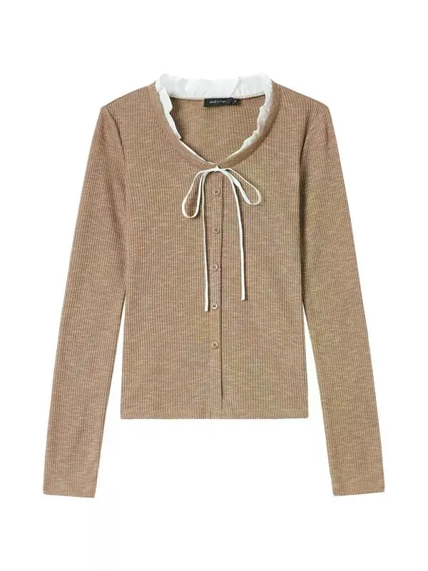 TOUT A COUP Ruffle-trim Ribbed-knit Cardigan - Neutrals