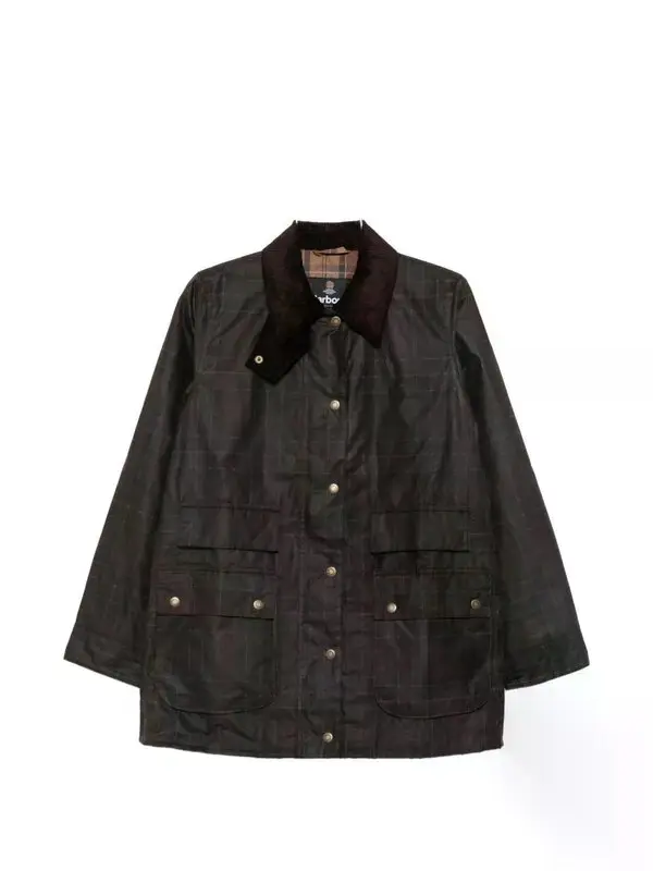 Barbour Waxed Jacket With Corduroy Collar And Tartan Pattern