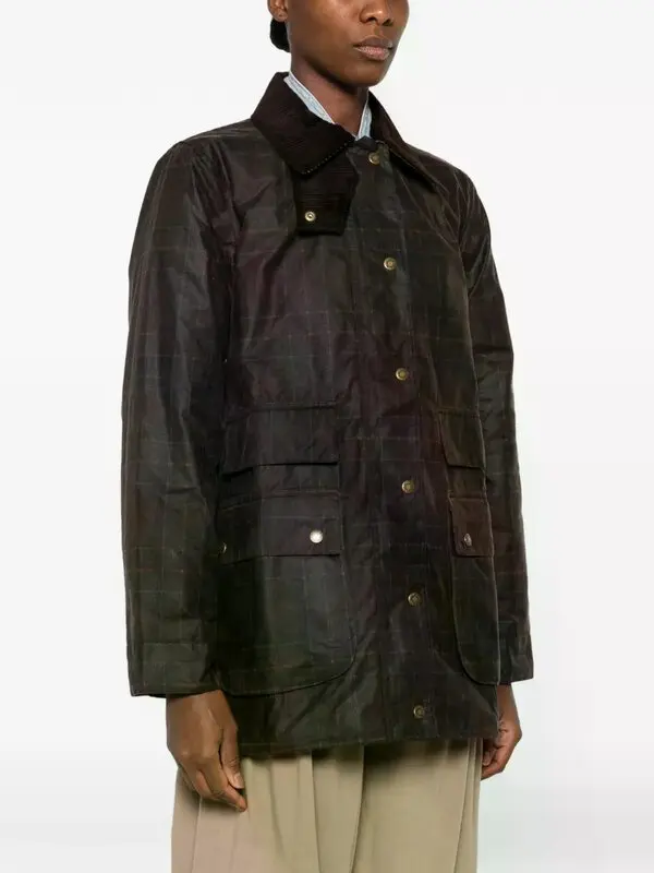 Barbour Waxed Jacket With Corduroy Collar And Tartan Pattern