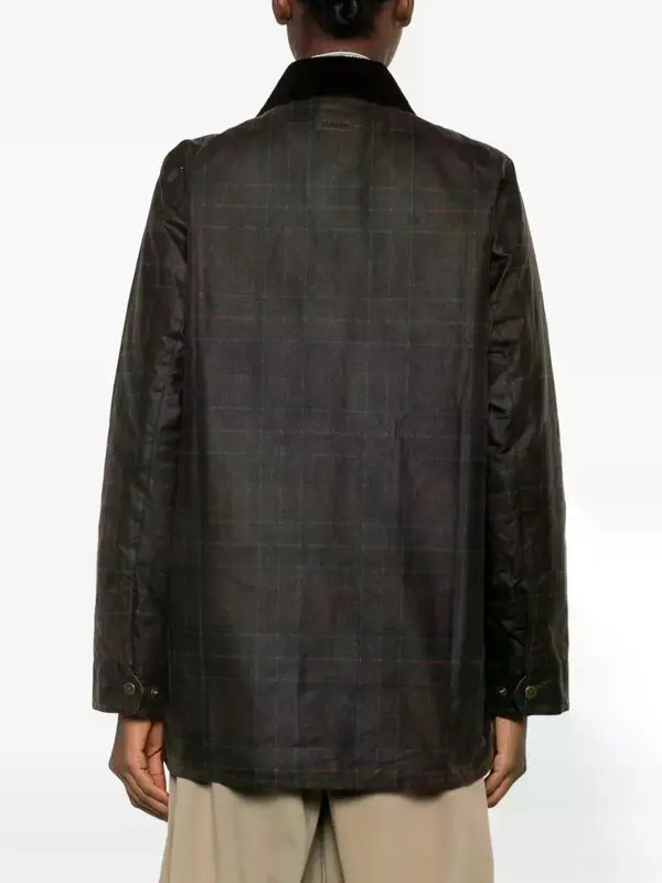 Barbour Waxed Jacket With Corduroy Collar And Tartan Pattern