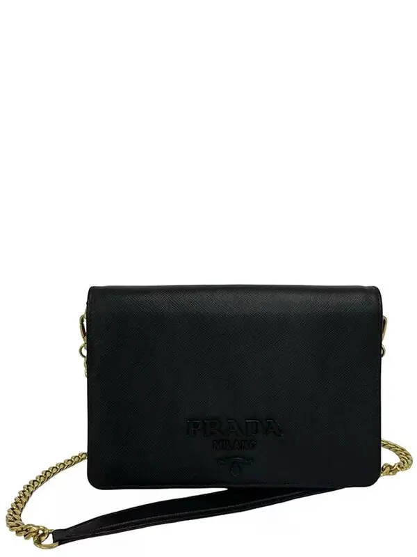 Prada Saffiano Lux Monochrome Wallet On Chain - Black