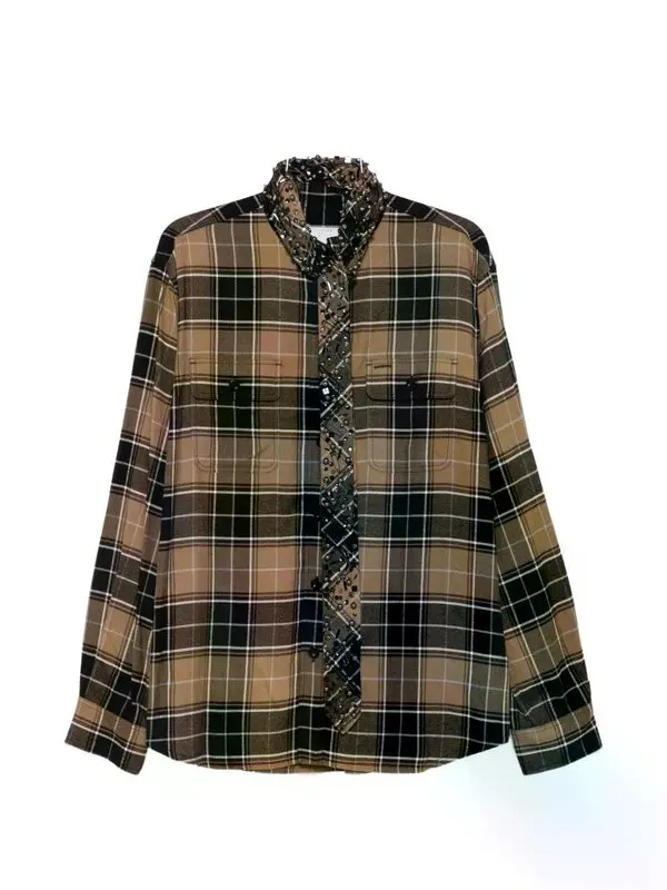 Sacai Check-pattern Embellished-tie Shirt - Brown