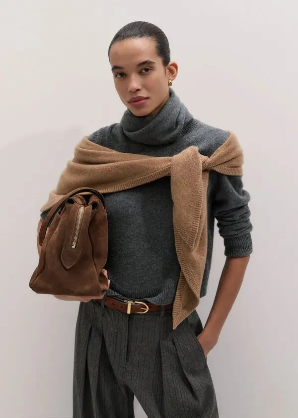 ME+EM Cashmere Triangle Knit Scarf Dark Camel Melange