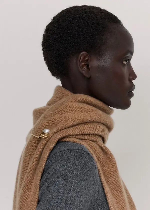 ME+EM Cashmere Triangle Knit Scarf Dark Camel Melange