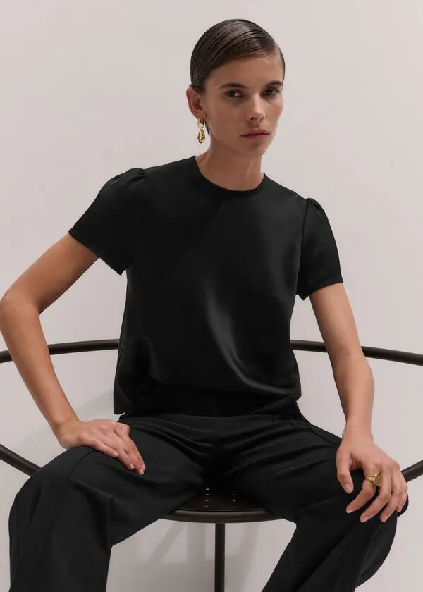 ME+EM Silk Satin Puff Sleeve Top - Black
