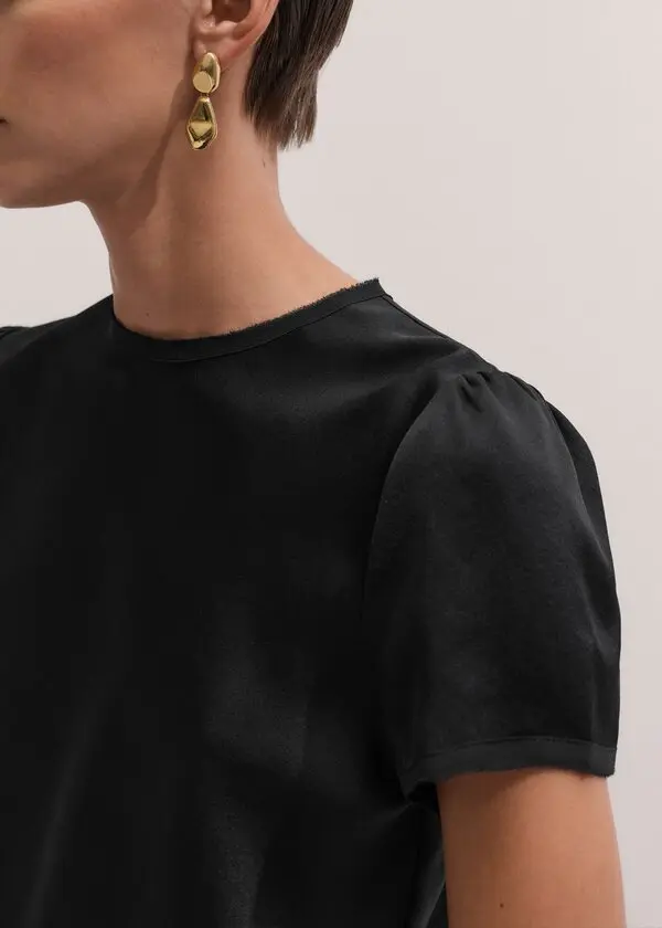 ME+EM Silk Satin Puff Sleeve Top - Black