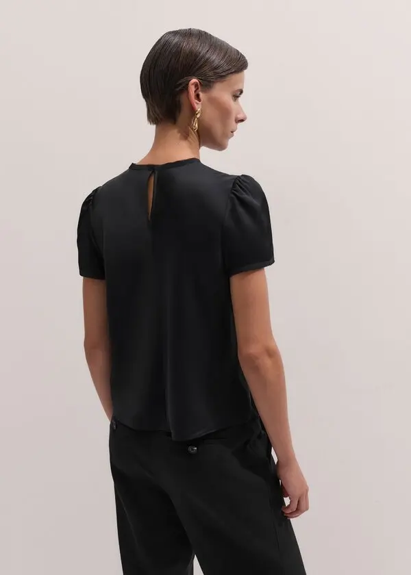 ME+EM Silk Satin Puff Sleeve Top - Black