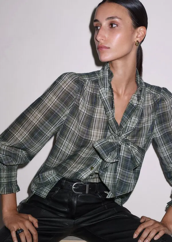 ME+EM Cotton Voile Check Long Sleeve Blouse + Tie