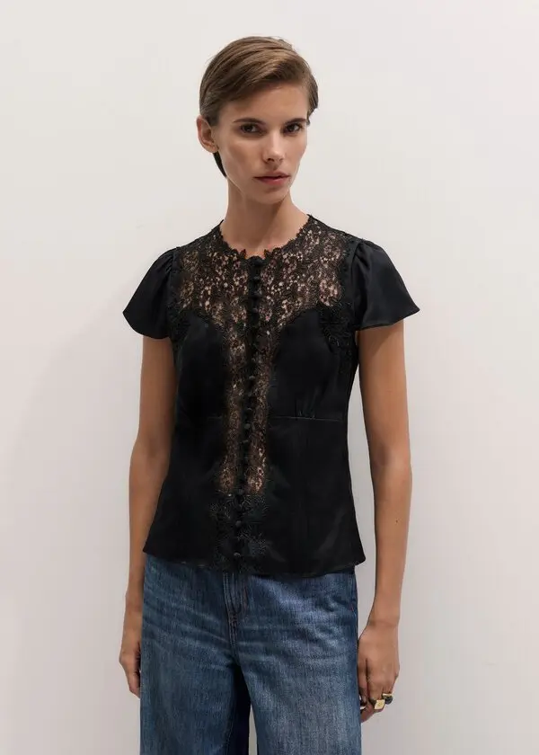 ME+EM Silk Satin And Lace Top - Black