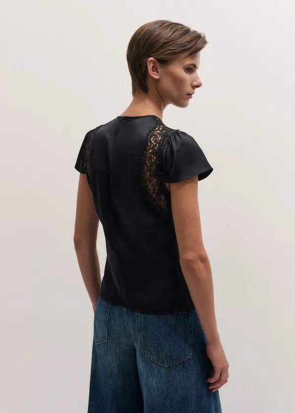 ME+EM Silk Satin And Lace Top - Black