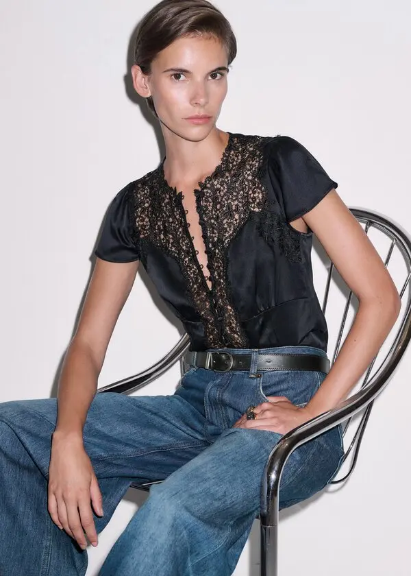 ME+EM Silk Satin And Lace Top - Black