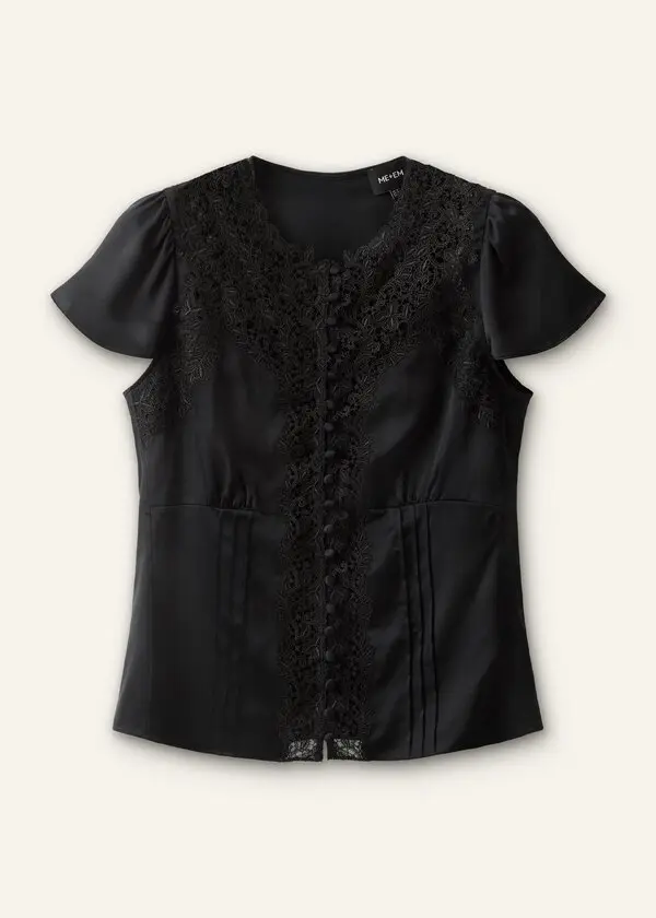 ME+EM Silk Satin And Lace Top - Black