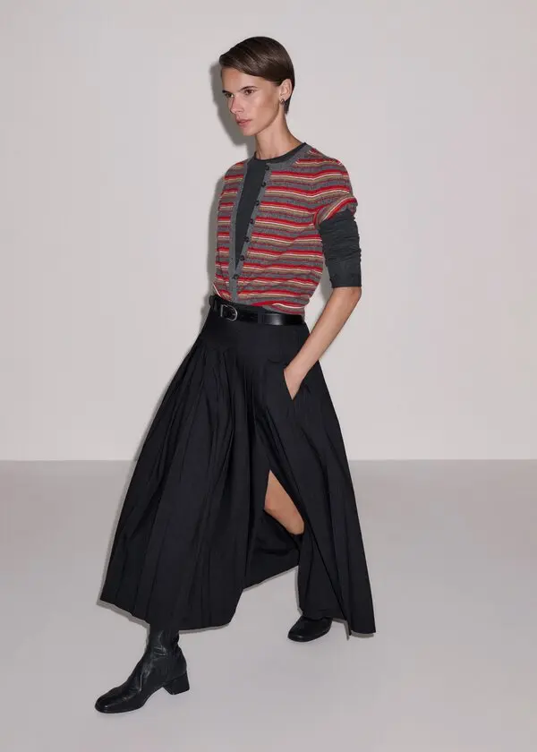 ME+EM Striped Cashmere Puff Sleeve Button-through Tee