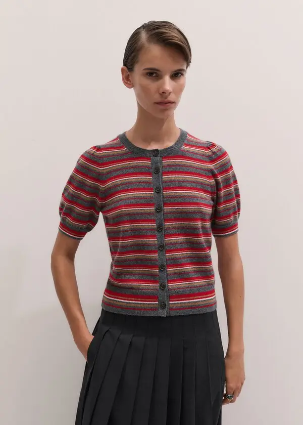 ME+EM Striped Cashmere Puff Sleeve Button-through Tee