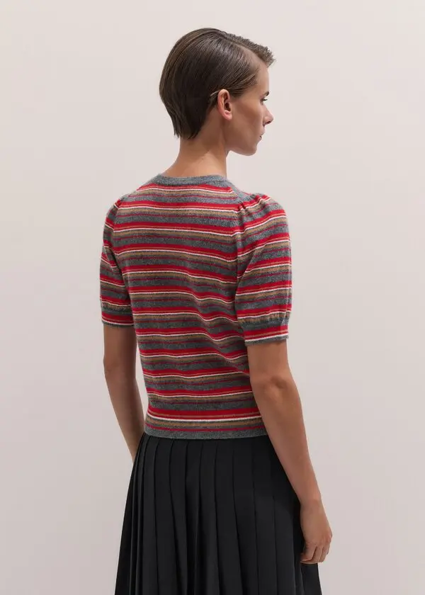 ME+EM Striped Cashmere Puff Sleeve Button-through Tee