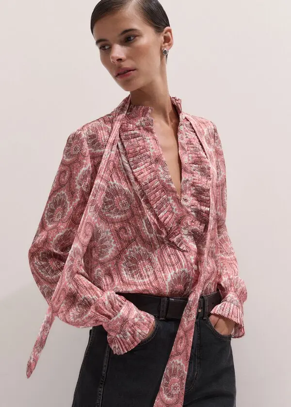 ME+EM Ornate Paisley Print Frill Blouse With Tie Detail