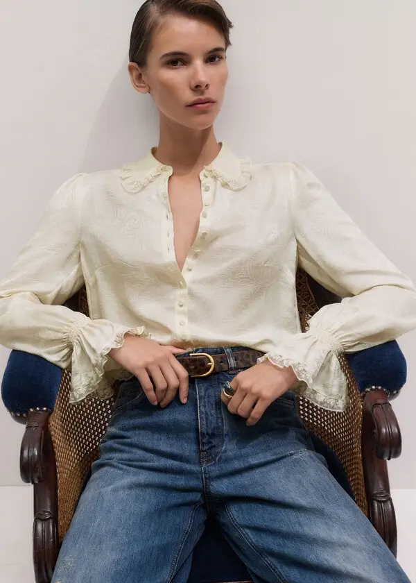 ME+EM Fluid Jacquard And Lace Trim Blouse With Tie Detail