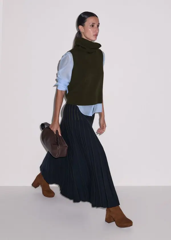 ME+EM Merino Stripe Pleat Knit Maxi Skirt - Navy/olive
