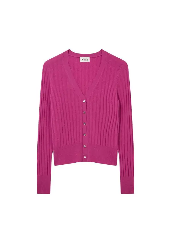 LOOP CASHMERE Wide Rib V-neck Cardigan - Pink