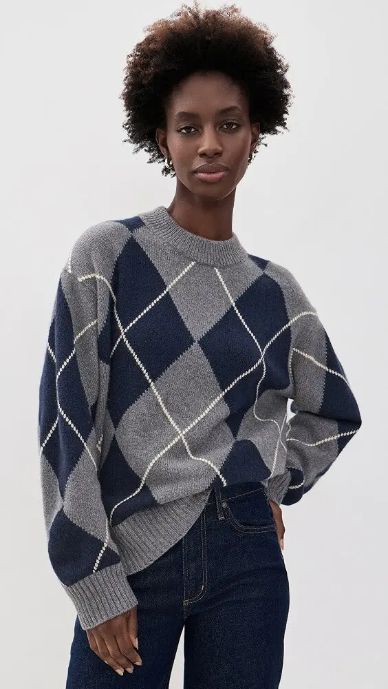 REFORMATION Cove Cashmere Argyle Crewneck Sweater - Thunder Multi Argyle