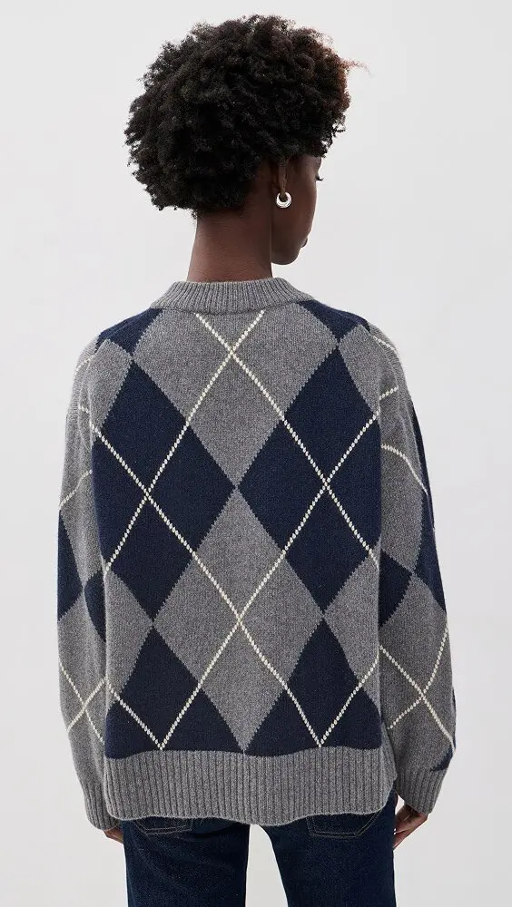 REFORMATION Cove Cashmere Argyle Crewneck Sweater - Thunder Multi Argyle