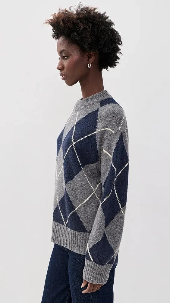 REFORMATION Cove Cashmere Argyle Crewneck Sweater - Thunder Multi Argyle