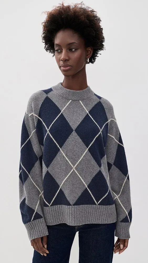 REFORMATION Cove Cashmere Argyle Crewneck Sweater - Thunder Multi Argyle