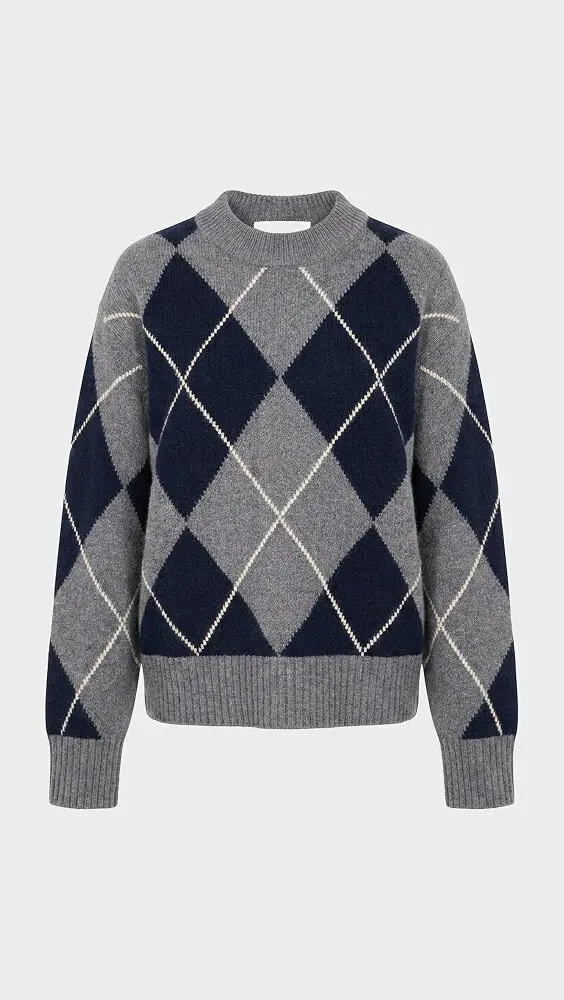 REFORMATION Cove Cashmere Argyle Crewneck Sweater - Thunder Multi Argyle