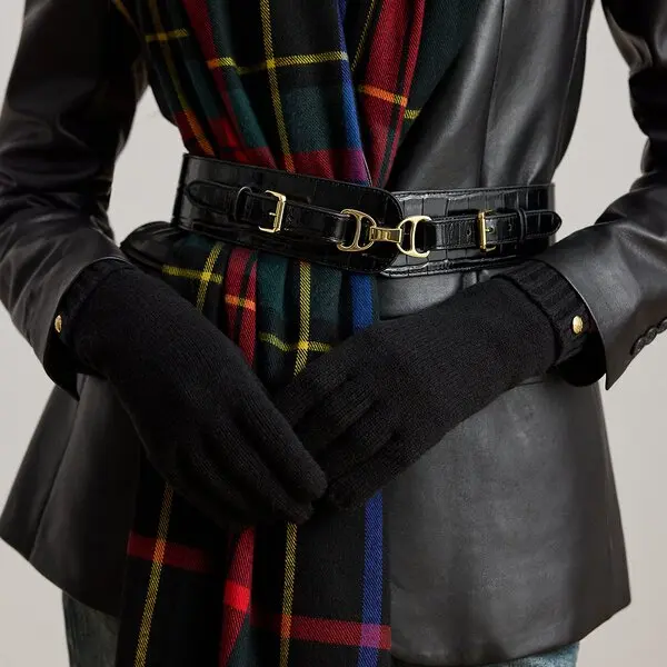 Ralph Lauren Knit Gloves With Crest-embossed Button Trim - Black
