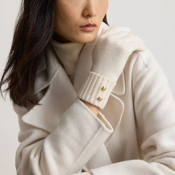 Ralph Lauren Knit Gloves With Crest-embossed Button Trim - Cream