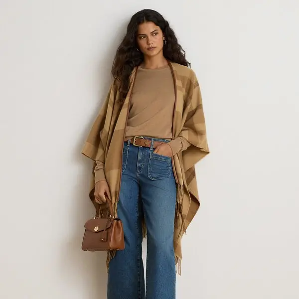Ralph Lauren Plaid Fringe-trim Ruana - Camel Multi