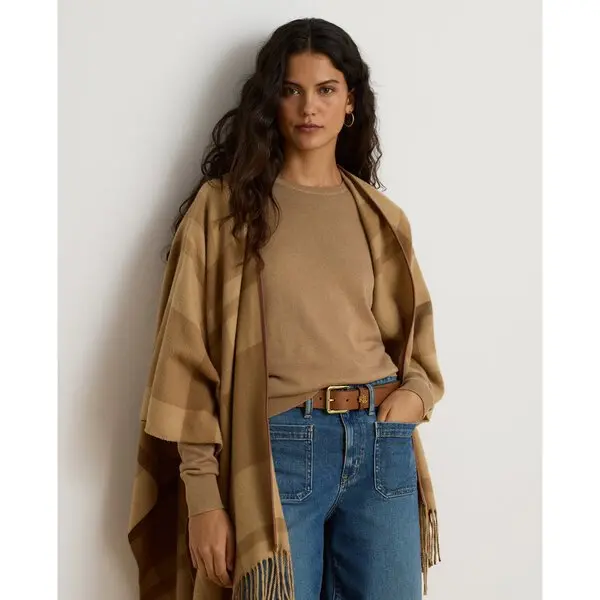 Ralph Lauren Plaid Fringe-trim Ruana - Camel Multi