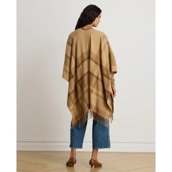 Ralph Lauren Plaid Fringe-trim Ruana - Camel Multi