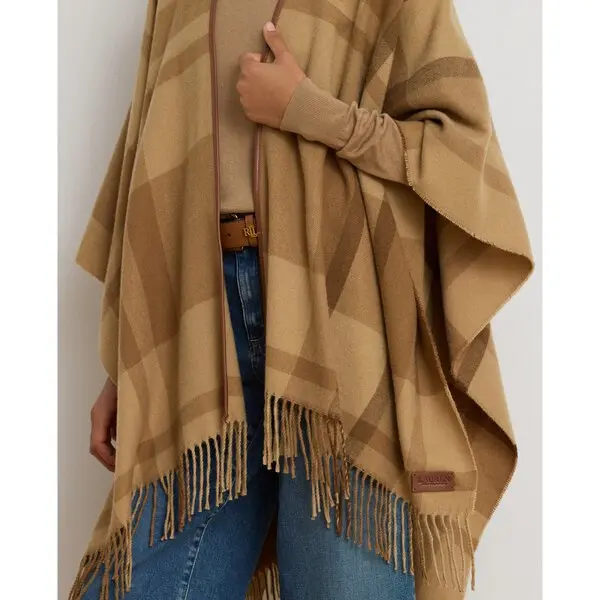 Ralph Lauren Plaid Fringe-trim Ruana - Camel Multi