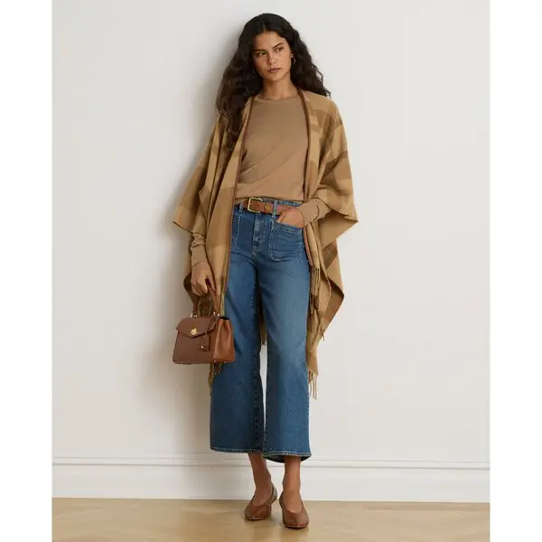 Ralph Lauren Plaid Fringe-trim Ruana - Camel Multi