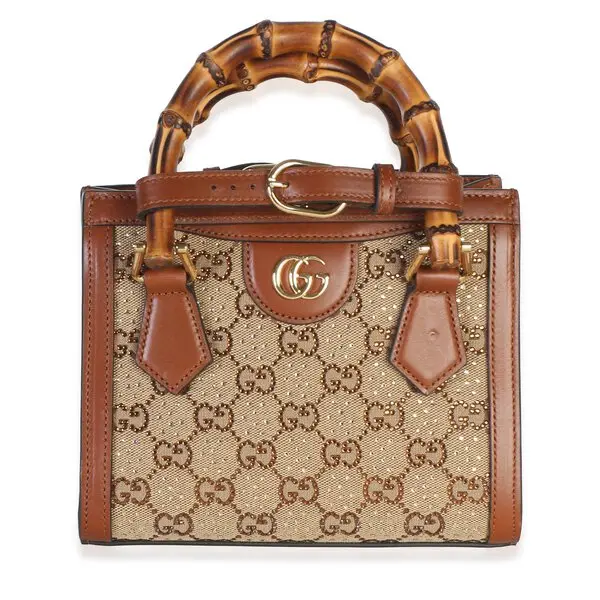 Gucci Canvas Crystal Gg Monogram Diana Tote - Brown