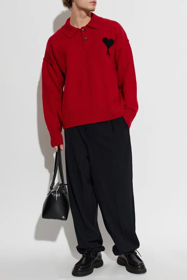 AMI Paris Wool Long-sleeve Polo - Red