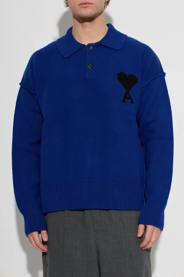 AMI Paris Wool Long-sleeve Polo - Blue