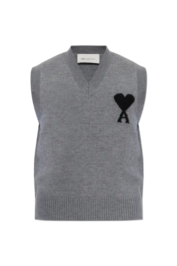 AMI Paris Wool Vest With Logo - Grey