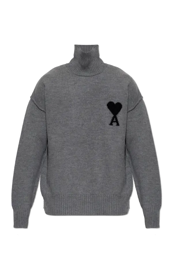 AMI Paris Wool Turtleneck With Logo - Grey