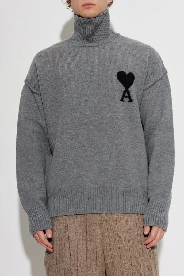 AMI Paris Wool Turtleneck With Intarsia Heart Logo