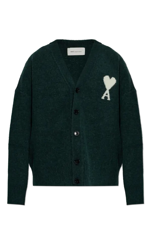 AMI Paris Alpaca And Wool Blend Logo Cardigan - Green