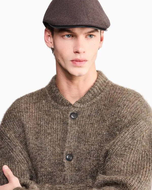 Giorgio Armani Flat Cap In Wool And Cashmere With Leather Details - Brown
