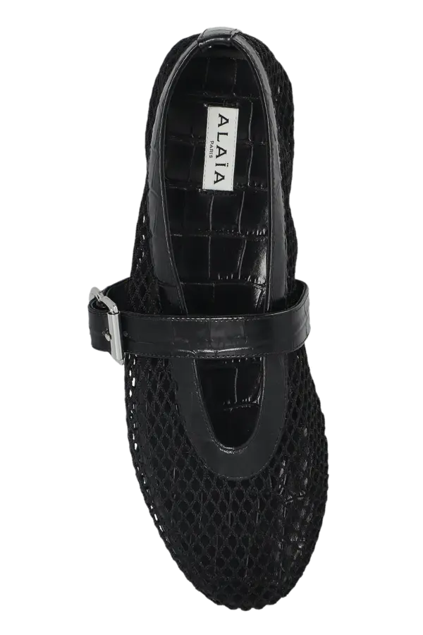 Alaïa Mesh Ballet Flats With Silver Buckle Strap - Black
