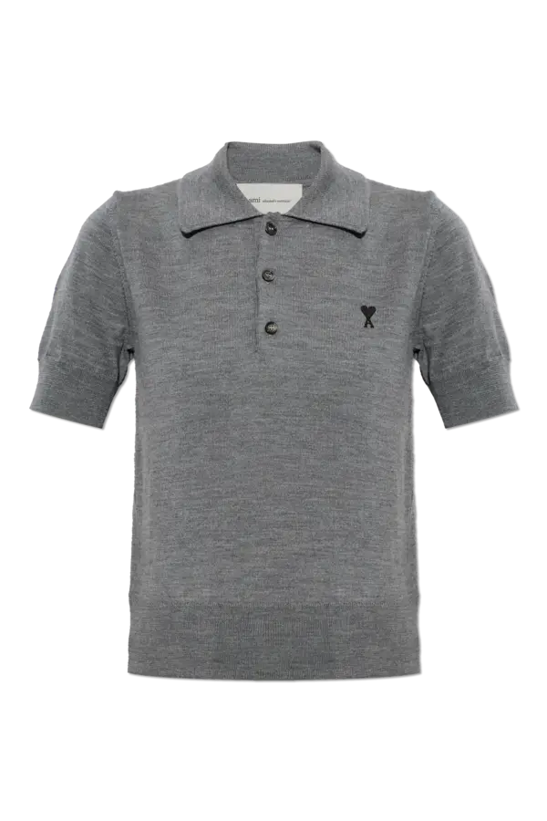 AMI Paris Wool Polo Shirt With Embroidered Logo - Grey