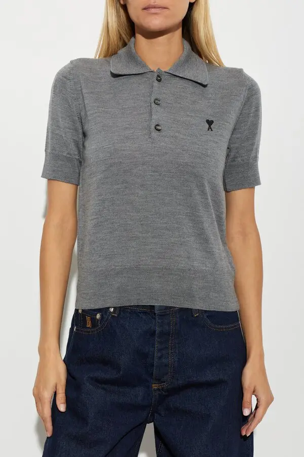 AMI Paris Wool Polo Shirt With Embroidered Logo